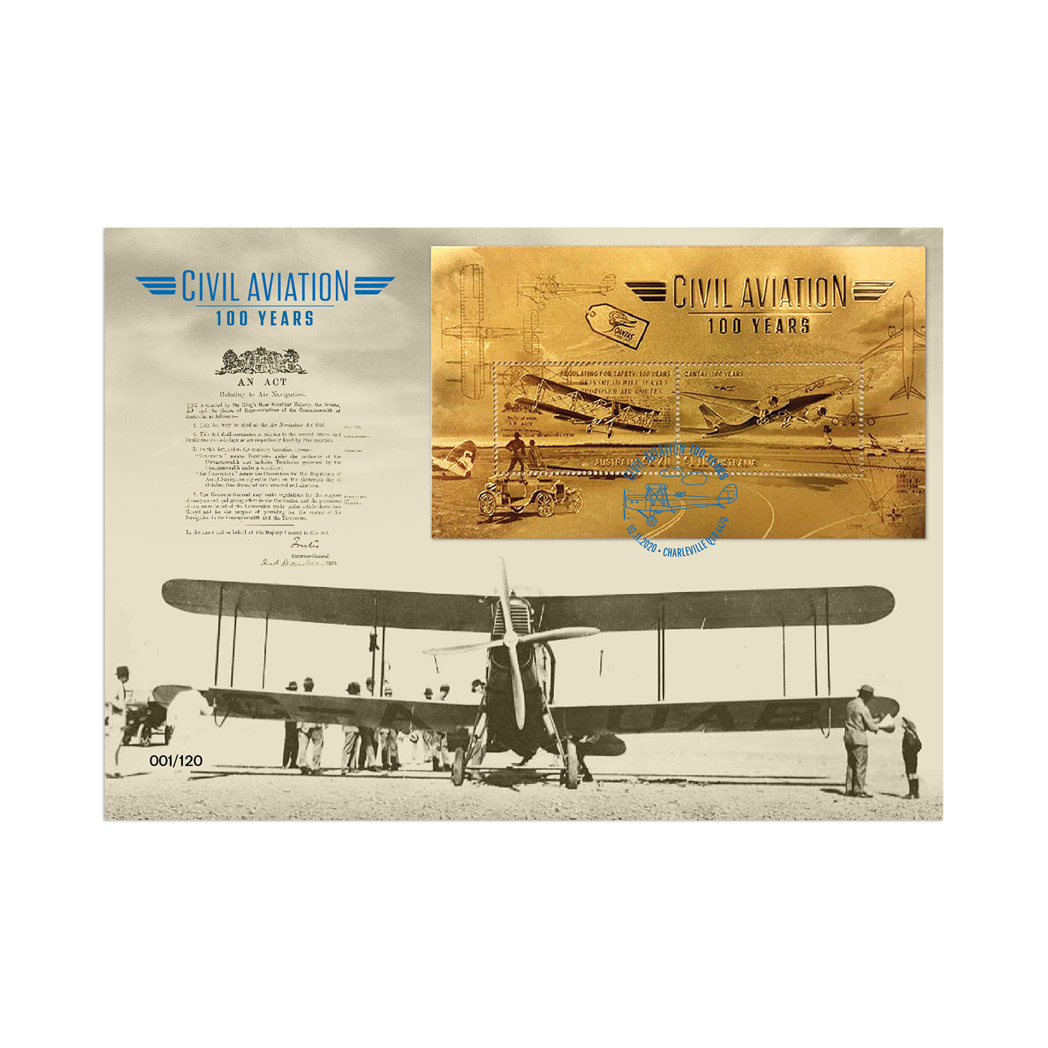 Civil Aviation 100 Years Gold Minisheet Cover - Previous years impressions