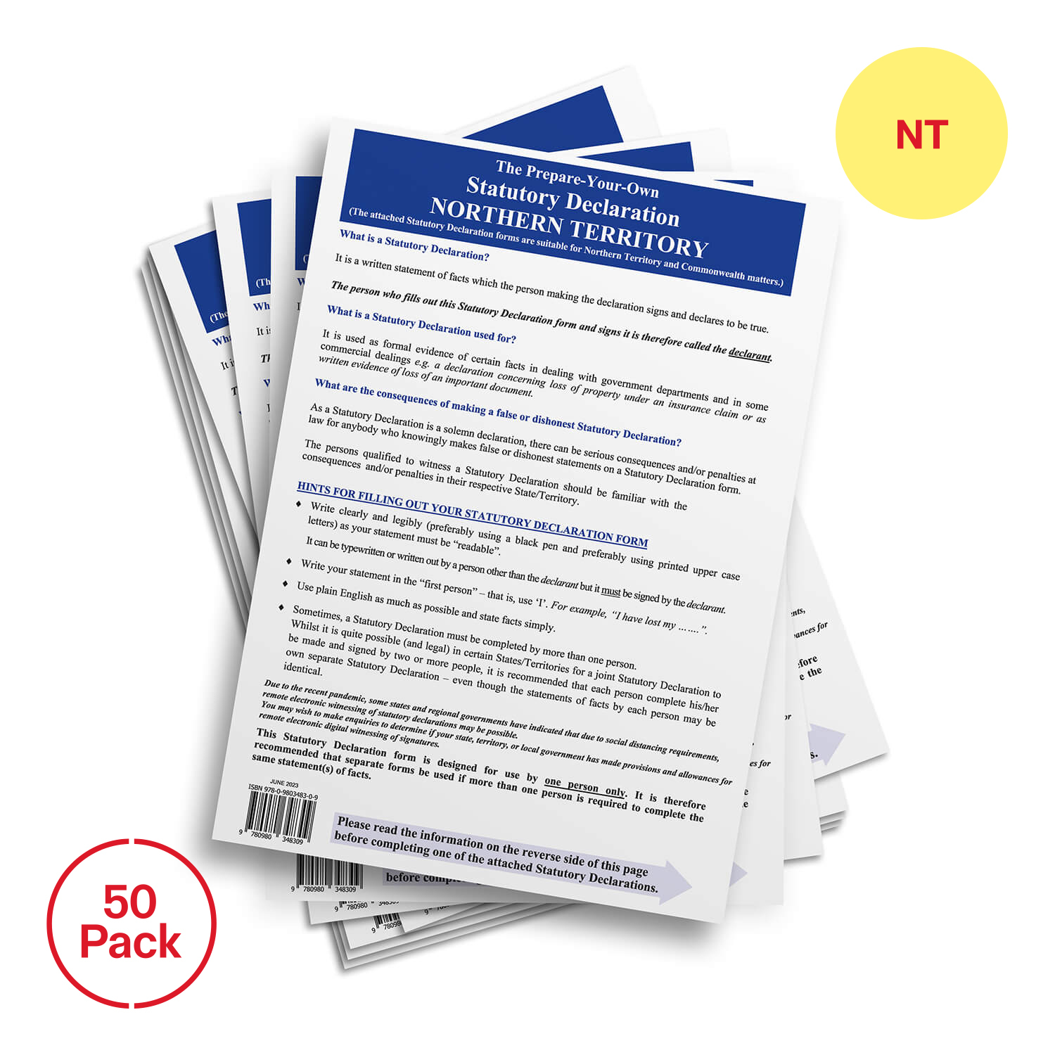 Statutory Declaration Forms NT – Pack of 50 - Will kits and legal documents