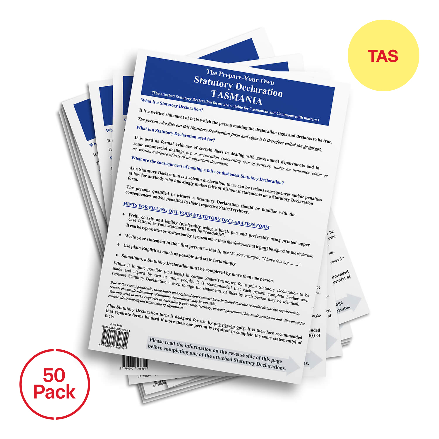Statutory Declaration Forms TAS – Pack of 50 - Will kits and legal ...