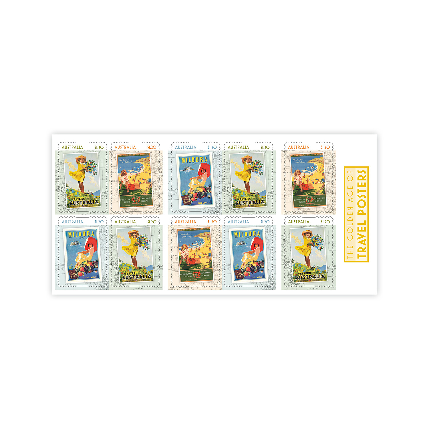 Booklet of 10x The Golden Age of Travel Posters Stamps