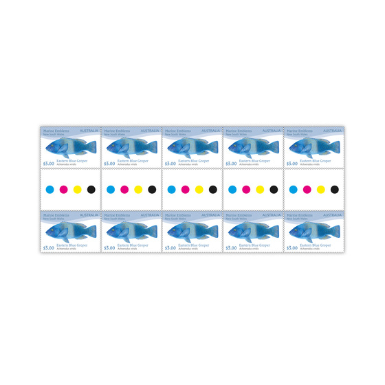 Marine Emblems Blue Groper Gutter Strip of 10 x $3 Stamps - Marine Emblems