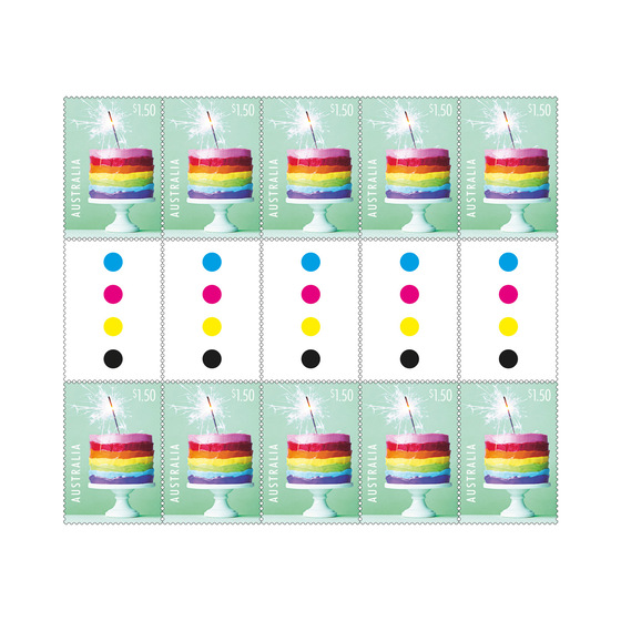 Special Occasions 2024 Gutter Strip of 10 x $1.50 Stamps (Rainbow Cake ...