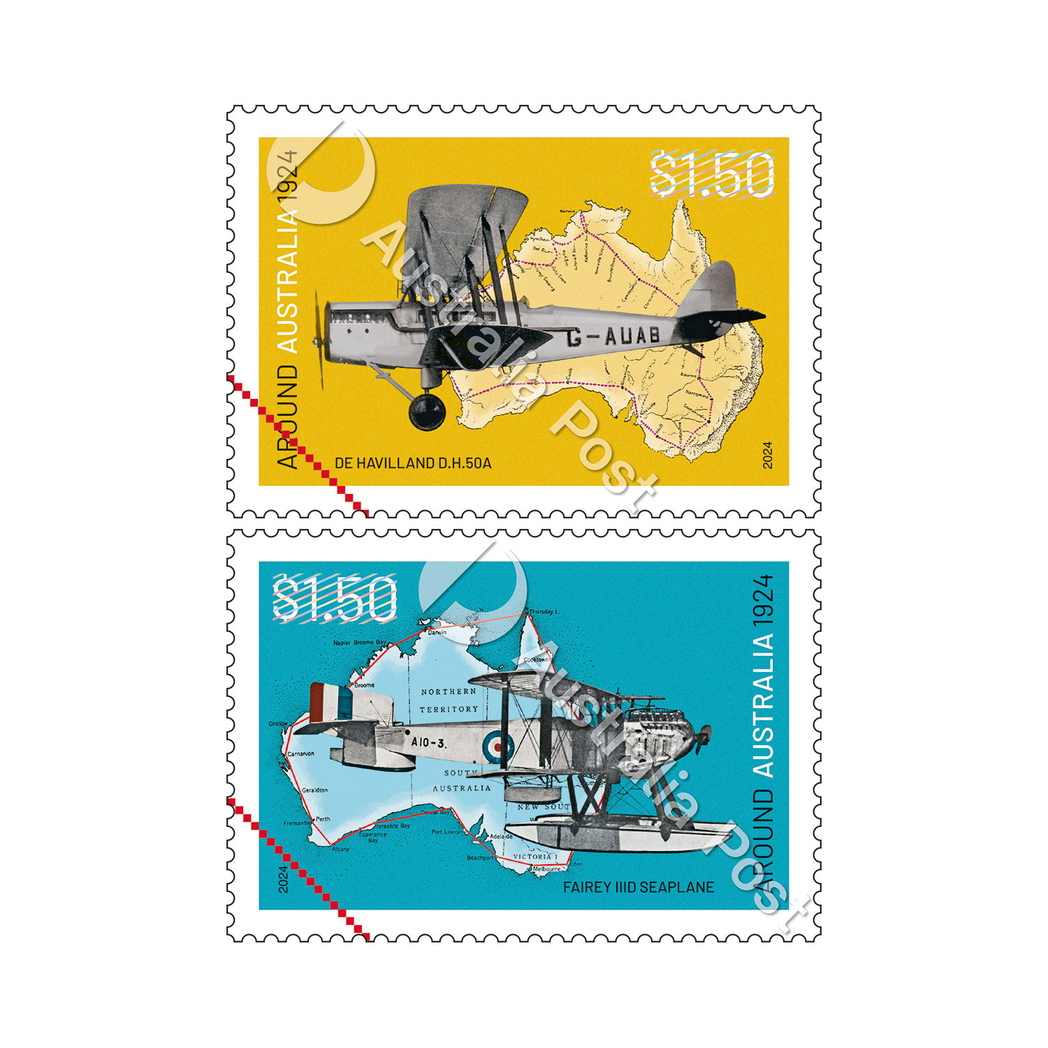 Around Australia Flights: 100 Years Set of Stamps (2 x $1.50) - Default ...