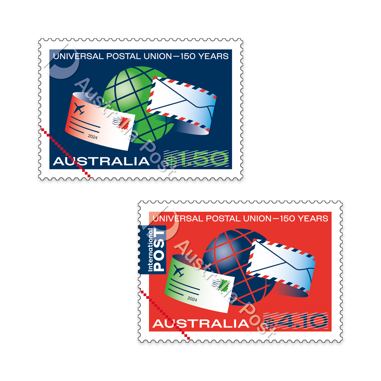 Universal Postal Union – 150 Years Set of Stamps (1 x $1.50, 1 x $4.10 ...