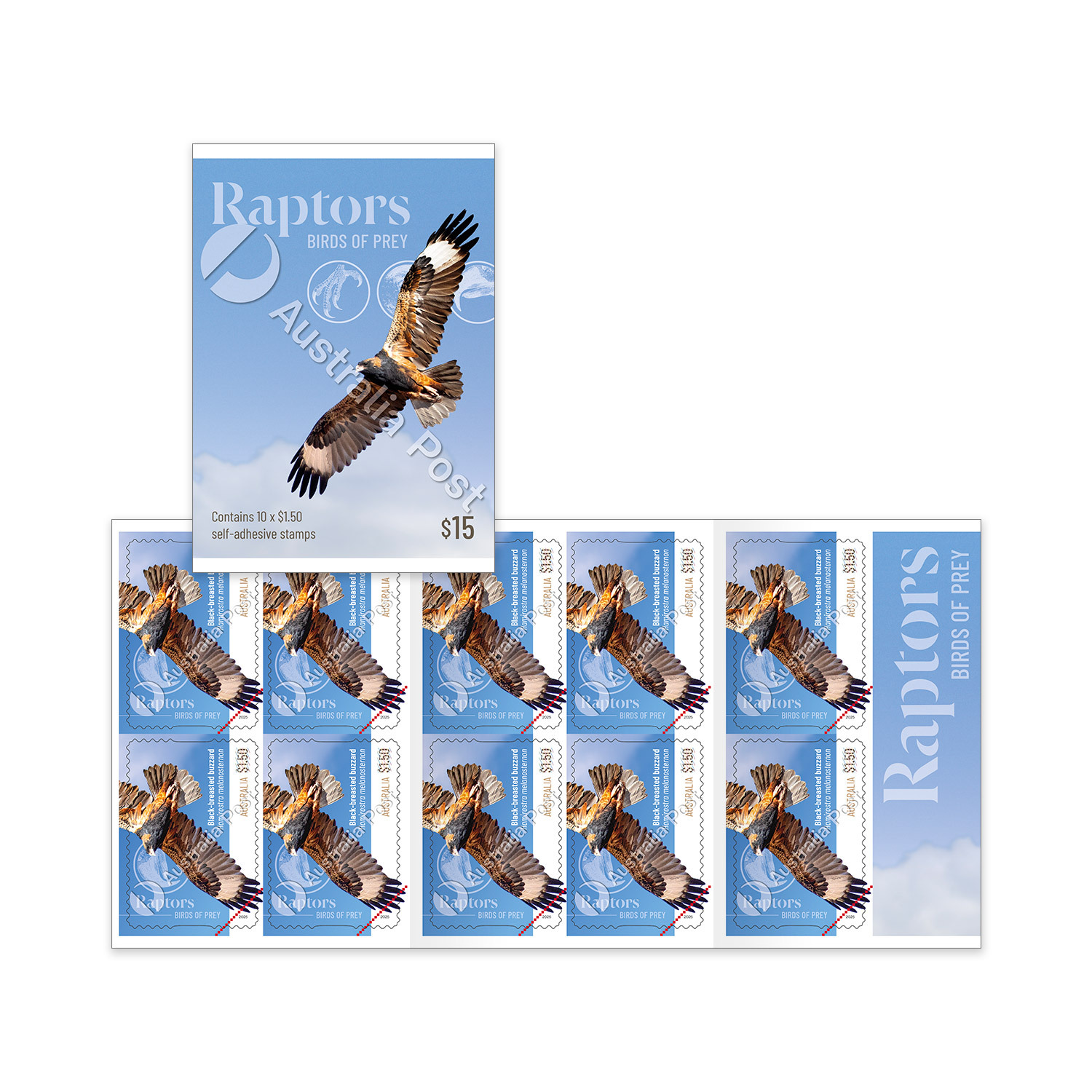 Raptors – Birds of Prey Self Adhesive Booklet of 10 x $1.50 Stamps – Black-breasted Buzzard ...