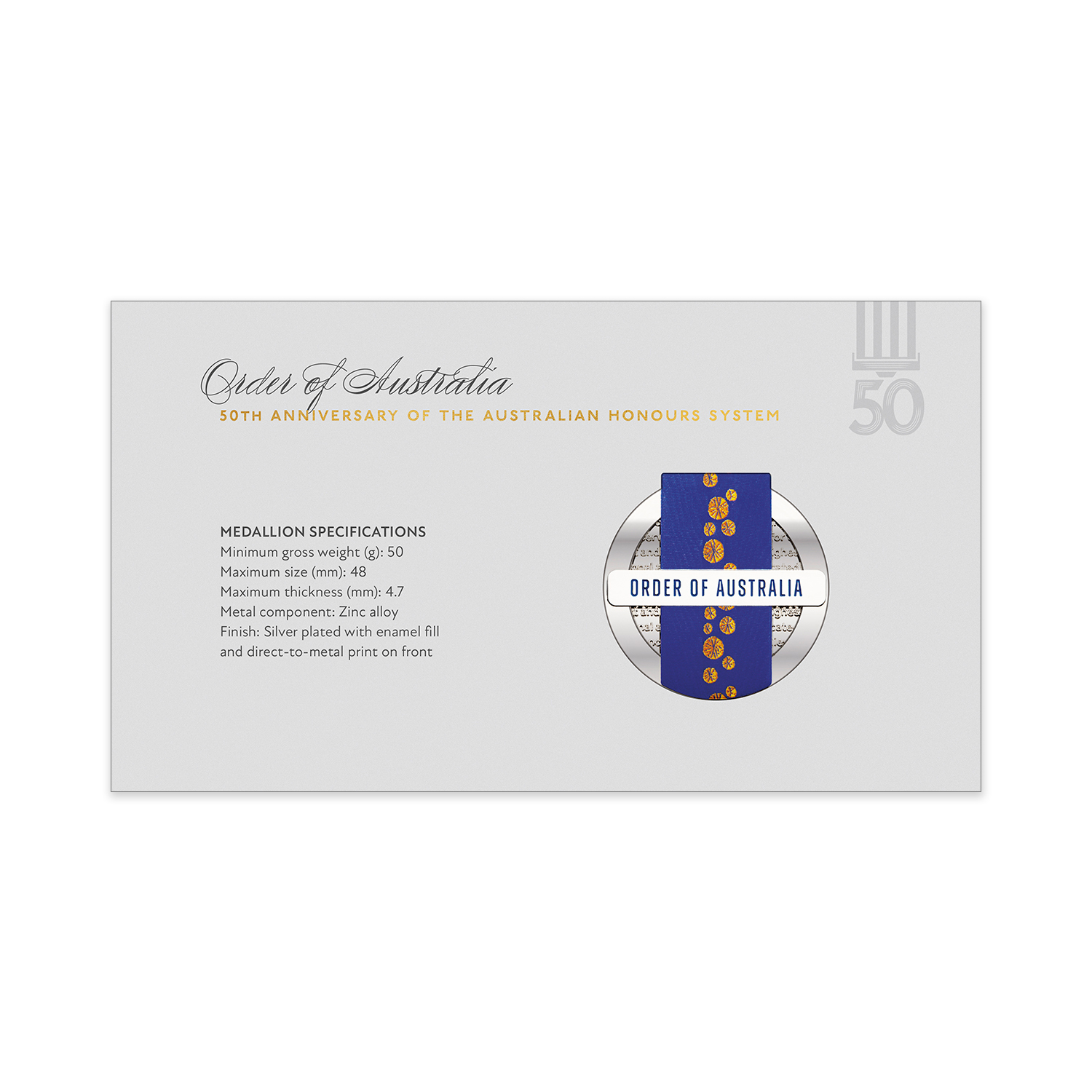 50th Anniversary of Australian Honours System Medallion Cover – Order ...