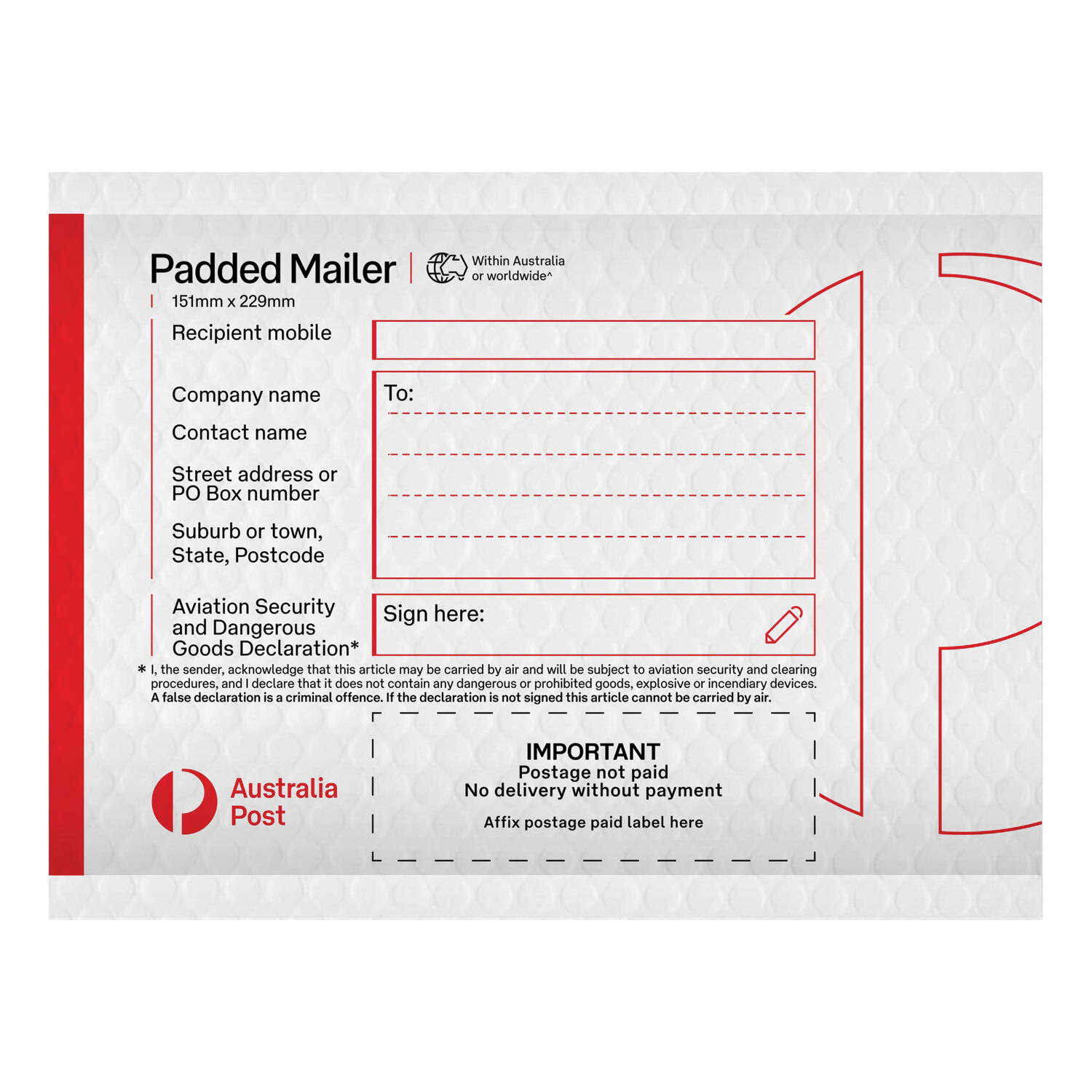 Padded Mailer PM1 (151 x 229mm) – 100 Pack - Padded and rigid mailers