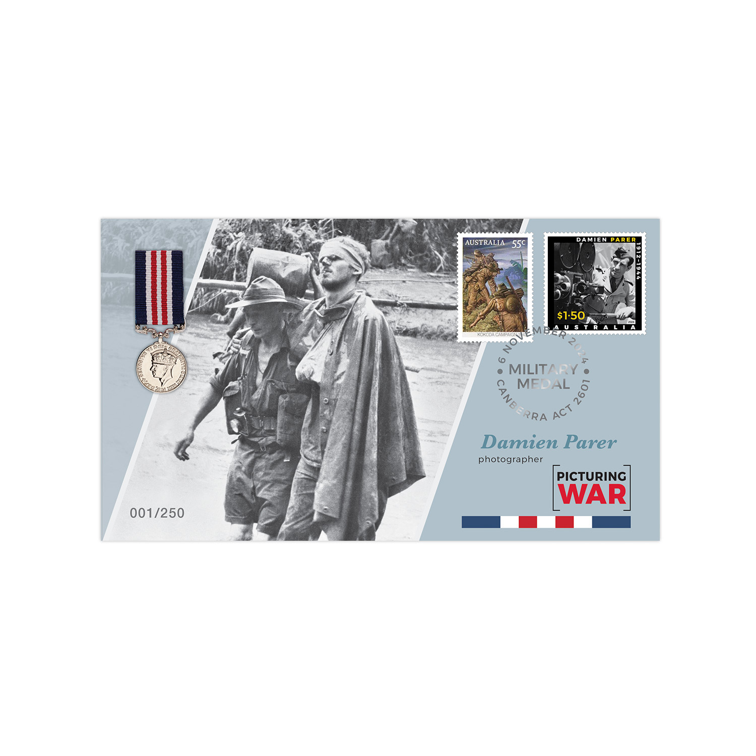 Medal and Stamp Cover for Damien Parer - Impressions